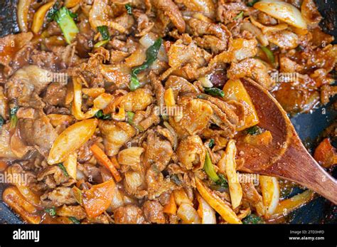 Korean Traditional Dish Of Stir Fried Pork And Assorted Vegetables With Gochujang Gochujang