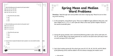Seventh Grade Spring Theme Mean And Median Word Problems