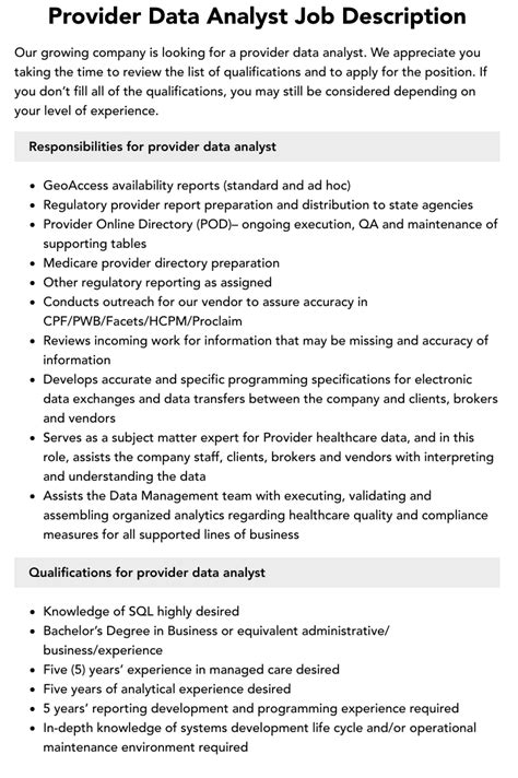 Provider Data Analyst Job Description Velvet Jobs