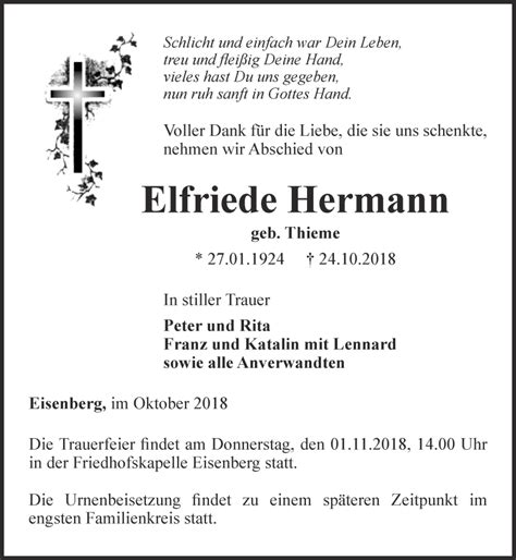 Traueranzeigen Von Elfriede Hermann Trauer In Thueringende