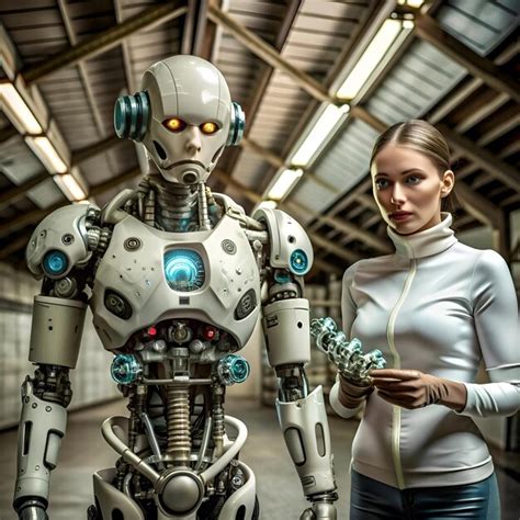 A Female Technician Interacts With A Humanoid Robot In A Futuristic