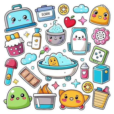 다양한 캐릭터와 물체가 그려진 귀여운 만화 스티커 프리미엄 Ai 생성 벡터