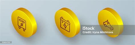 아이소메트릭 라인 전기 계량기 자동차 배터리 및 자동차 아이콘을 설정합니다 벡터 3차원 형태에 대한 스톡 벡터 아트 및 기타 이미지 3차원 형태 교통수단 노랑