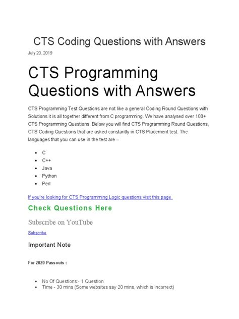 Cts Coding Questions With Answers Pdf Software Software Engineering