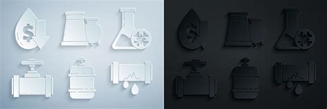 프로판 가스 탱크 부동액 시험관 산업 금속 파이프 및 밸브 누수 석유 산업 공장 건물 및 드롭 원유 가격 아이콘으로 부서지십시오 벡터 3차원 형태에 대한 스톡 벡터 아트 및