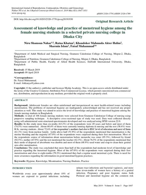 Assessment Of Knowledge And Practice Of Of Menstrual Hygiene Among The
