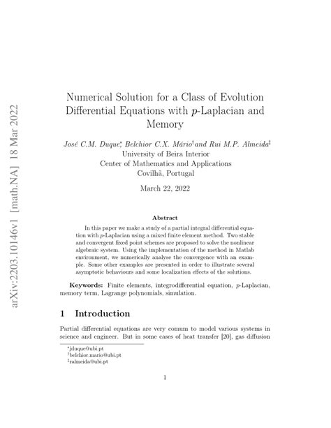 Pdf Numerical Solution For A Class Of Evolution Differential Equations With P Laplacian And