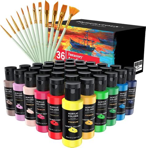 Fantastory Acrylic Paint Set 36 Colors2oz60ml W 12 Brushes Pro