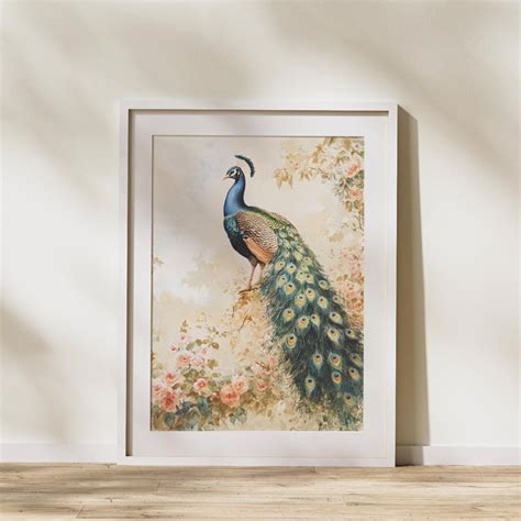 Vintage Peacock Wall Art Elegant Bird Watercolor Print Floral Poster