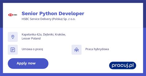 Oferta Pracy Senior Python Developer Hsbc Service Delivery Polska Sp Z Oo Kraków Monika