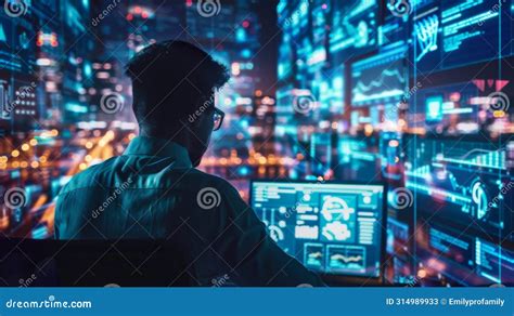 Man Monitoring Data On Multiple Screens At Night Stock Image Image Of