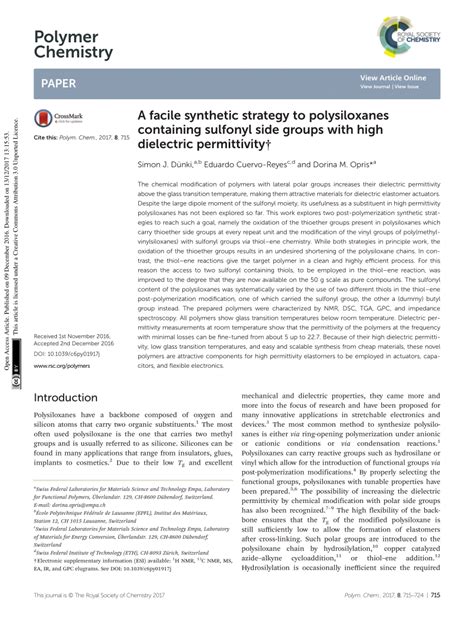 Pdf A Facile Synthetic Strategy To Polysiloxanes Containing Sulfonyl Side Groups With High