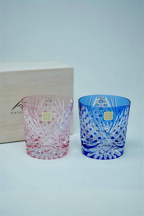 Kagami Crystal A Pair Of Whisky Glasses Edo Kiriko Tasuki Sash