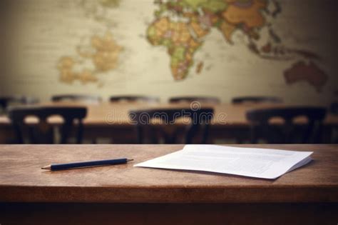 Write Off Exam On Wooden Table In Classroom Generate AI Stock Image