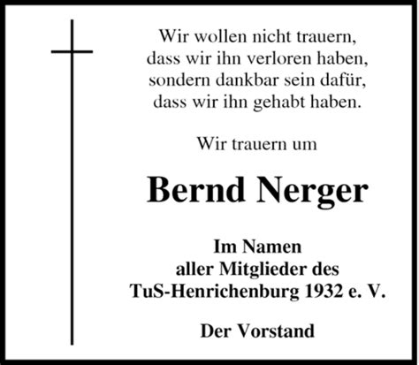 Traueranzeigen Von Bernd Nerger Trauer In Nrw De