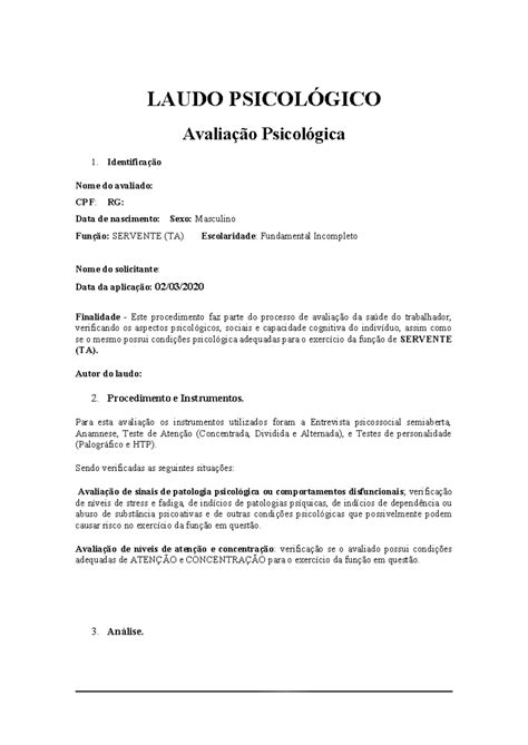 Laudo Psicologico Modelo Laudo PsicolÓgico Avaliação Psicológica 1