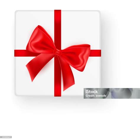 흰색 배경에 고립 된 큰 빛나는 빨간 리본 상단보기와 흰색 사각형 선물 상자 선물 모형의 사실적인 벡터 일러스트레이션 크리스마스 발렌타인 데이 또는 생일 패키지의 개념 3