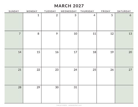 March 2027 Calendar Templates Free Printable Pdfs Calendarkart