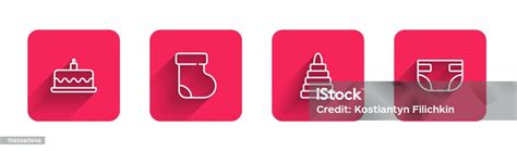 불타는 촛불 아기 양말 옷 피라미드 장난감 긴 그림자가 있는 흡수성 기저귀가 있는 세트 라인 케이크 빨간색 사각형 버튼입니다 벡터 0명에 대한 스톡 벡터 아트 및 기타