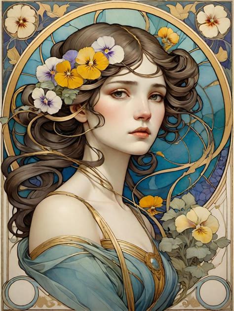 Art Neauveau Woman Alfons Mucha Floral Illustration Art Noveau Women Portrait Art
