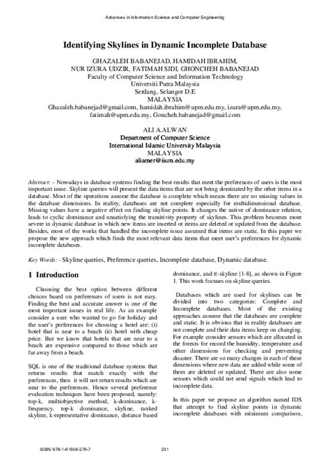 Pdf Processing Skyline Queries In Dynamic Incomplete Database