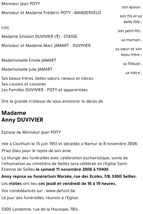 Avis De Décès De Anny Duvivier Décédé Le 08112006 à Namur Annonce Condoléances Fleurs Etc
