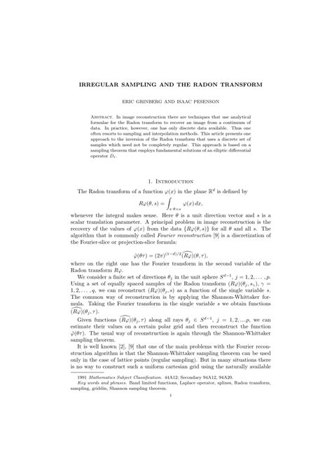 PDF Irregular Sampling And The Radon Transform