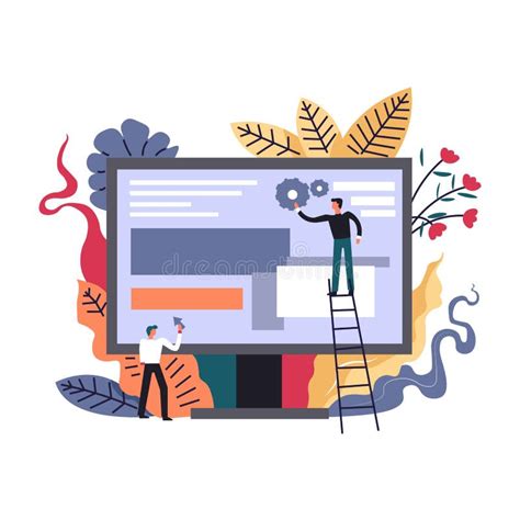 Internet Advancing Technologies Developers Optimizing Web Pages On Screen Stock Vector