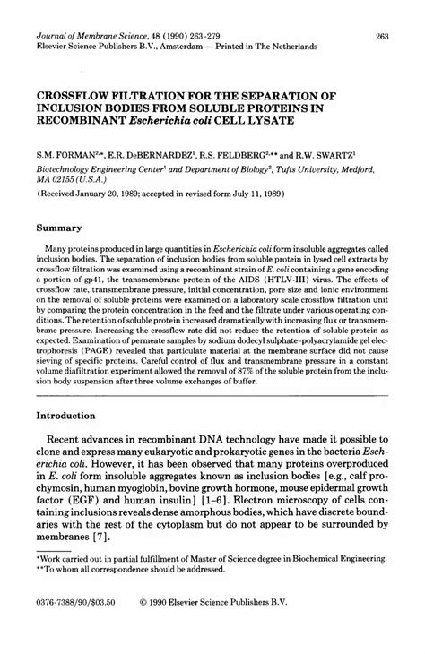 Pdf Crossflow Filtration For The Separation Of Inclusion Bodies From
