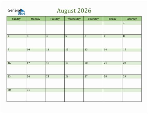 August 2026 Monthly Calendar