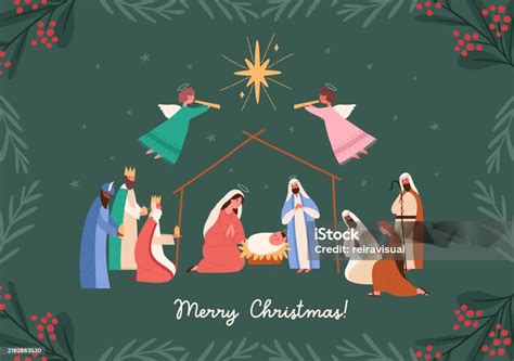 가로 크리스마스 인사말 카드 와 성탄절 장면 만화 평면 벡터 일러스트 레이 션 크리스마스에 대한 스톡 벡터 아트 및 기타 이미지 Istock