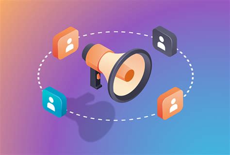 소셜 미디어 홍보 마케팅 개념 스피커 마이크 아이콘 광고 및 프로 모션 3d 등각 투영 평면 수평 벡터 일러스트 레이 션 디지털 3차원 형태에 대한 스톡 벡터 아트 및 기타