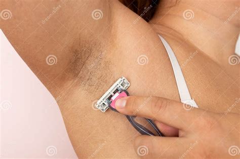 Woman Shave Underarm Hair On Dry Skin Closeup Free Copy Space