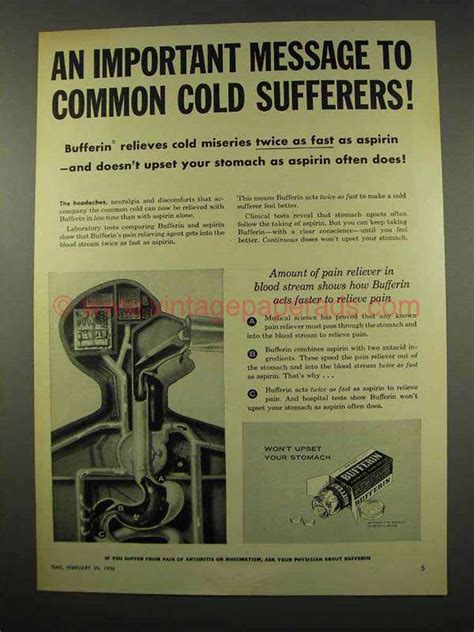 1956 Bufferin Tablets Ad Common Cold Sufferers Bm0469