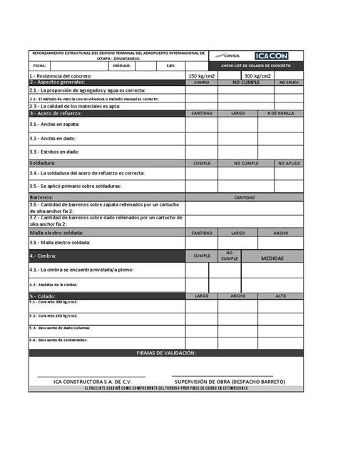 Check List De Colado De Concreto Pdf Materiales Acero