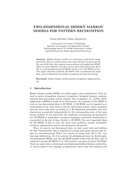 Pdf Two Dimensional Hidden Markov Models For Pattern Recognition