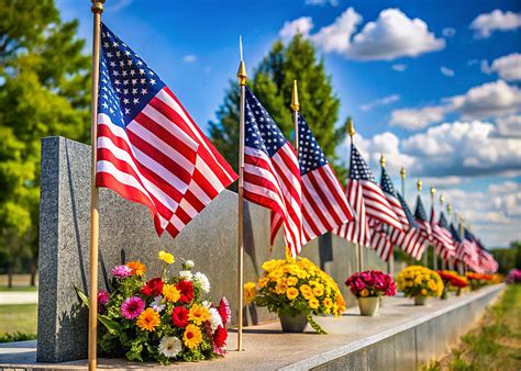 Veteran Memorial With American Flags And Bright Flowers Symbolizing