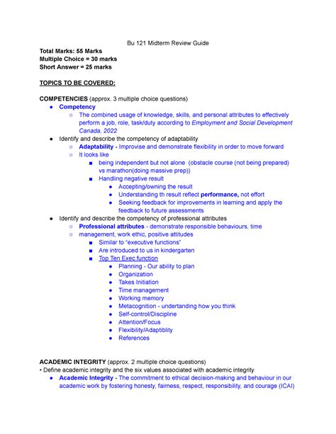 Midterm 1 Review Bu 121 Midterm Review Guide Total Marks 55 Marks