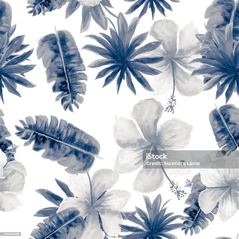코발트 원활한 이국적인 Azure 패턴 히비스커스 인디고 열대 일러스트레이션 네이비 드로잉 팜 회색 장식 배경 하얀 봄 잎 블루 바나나 잎 0명에 대한 스톡 벡터 아트 및