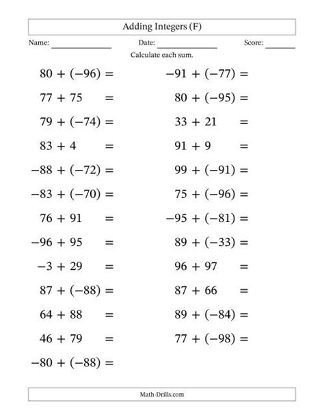 Adding Mixed Integers From 99 To 99 25 Questions Large Print F