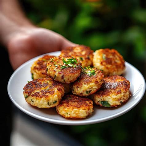 Plate Of Crispy Golden Rice Patties With Herbs Stock Illustration