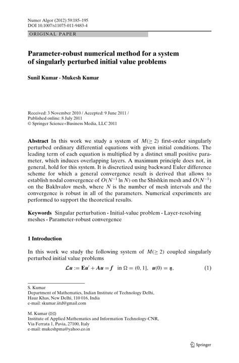 Pdf Parameter Robust Numerical Method For A System Of Singularly Perturbed Initial Value Problems