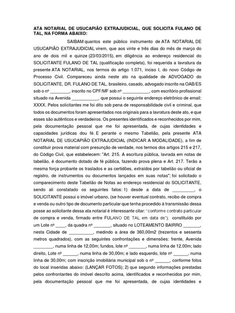 Ata Notarial De Usucapião Extrajudicial Pdf Advogado Prova Jurídico