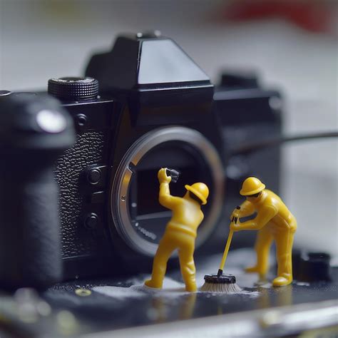Tiny Figures Meticulously Cleaning A Camera Sensor And Microcircuits
