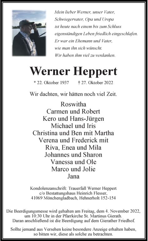 Alle Traueranzeigen Für Werner Heppert Trauerrp Onlinede