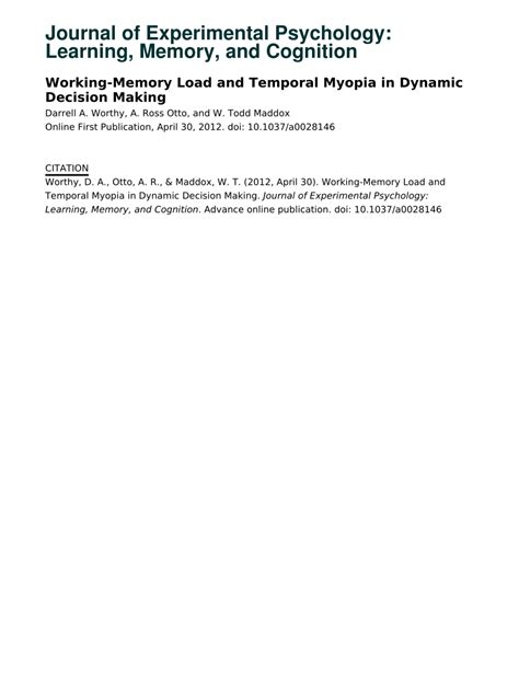 Pdf Working Memory Load And Temporal Myopia In Dynamic Decision Making