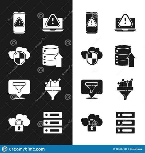Set Server Data Web Hosting Cloud And Shield Mobile With Exclamation Mark Laptop Location