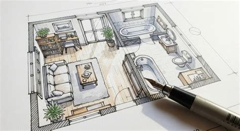 Hand Drawn Architectural Floor Plan Sketch With Interior Design Details