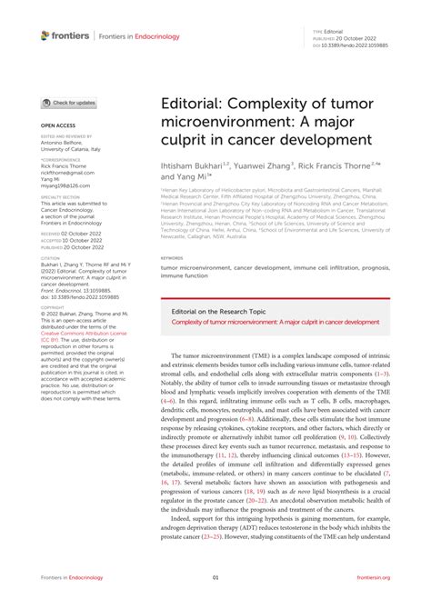 Pdf Editorial Complexity Of Tumor Microenvironment A Major Culprit In Cancer Development