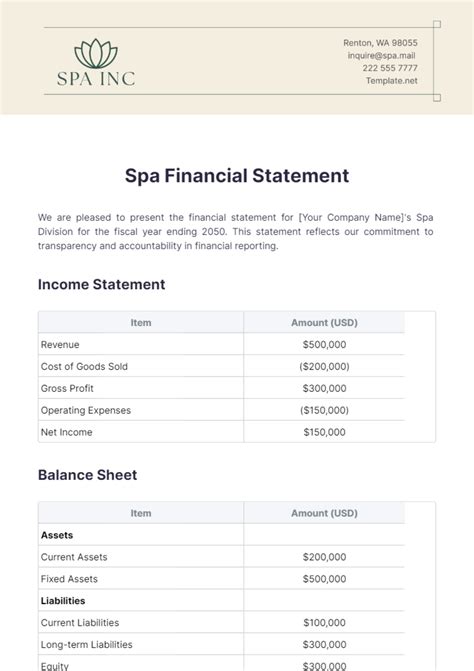 Free Spa Financial Statement Template To Edit Online